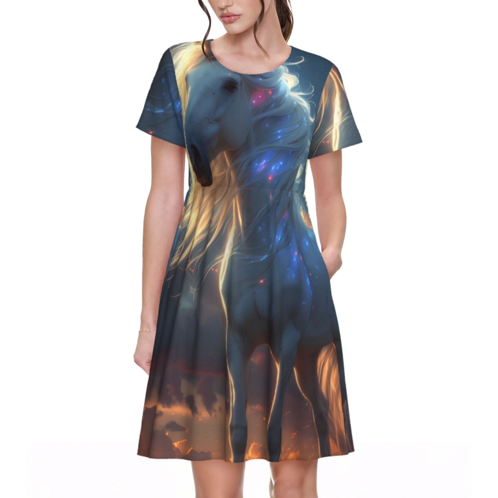 Balery Starry Light White Horse Pattern Womens Dresses Loose Short ...