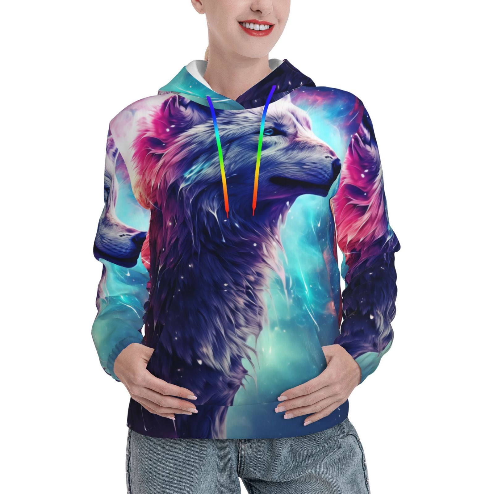 Balery Starry Multicolored Wolf Pattern Womens Long Sleeve Hoodie ...