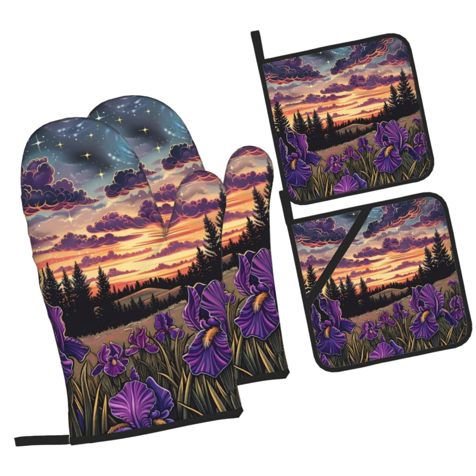 Balery Starry Night Purple Irises Pattern Oven Mitts and Pot Holders 4 ...