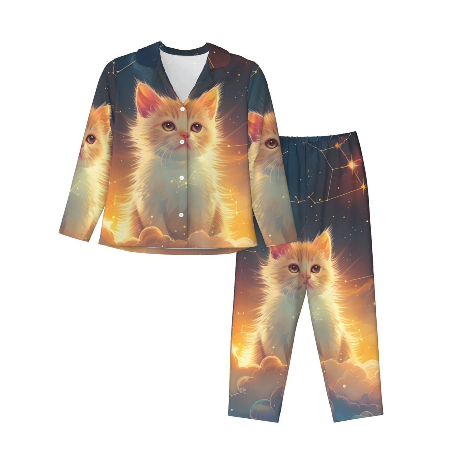 Balery Starry Sky Constellation Cat Pattern Pajama Sets for Women Long ...