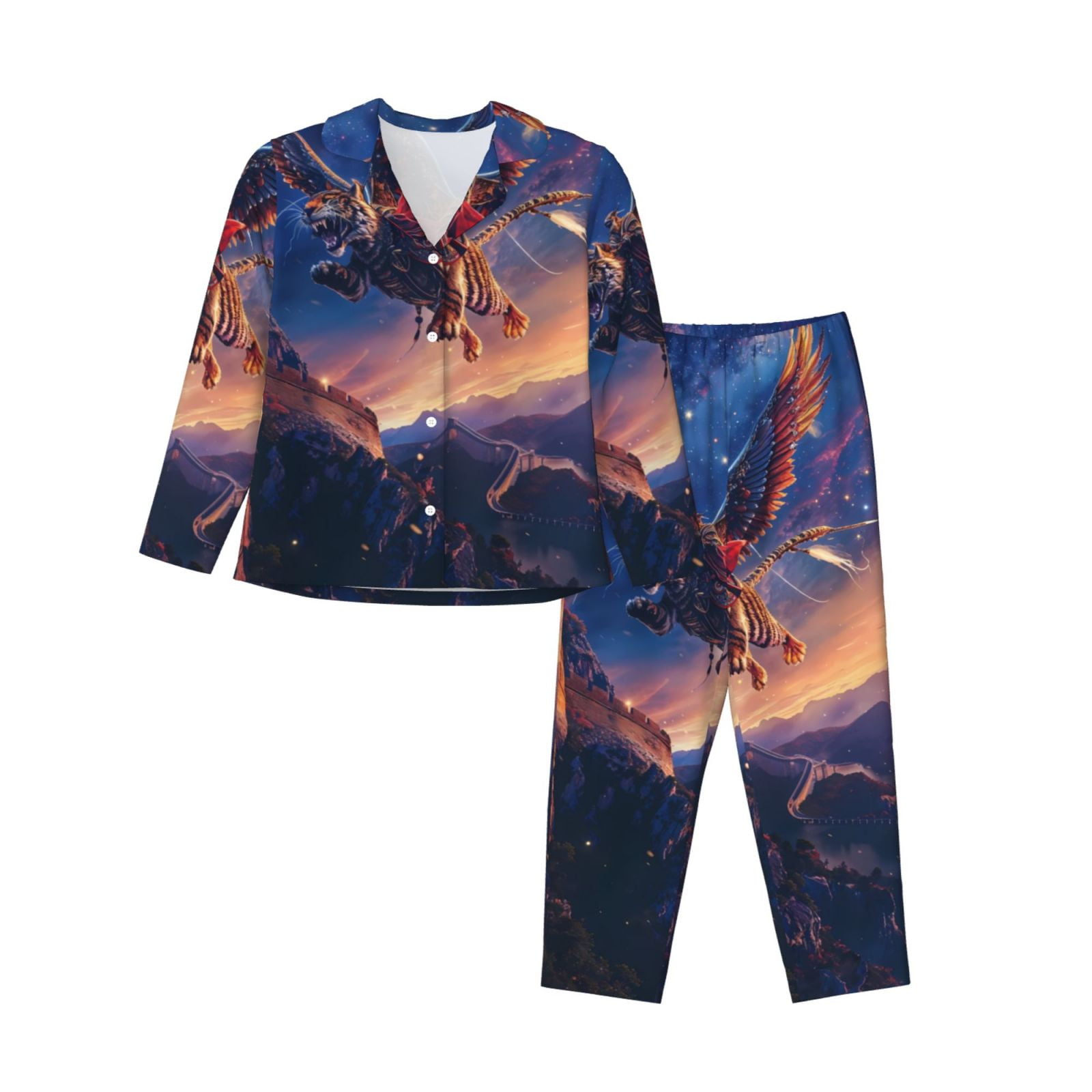 Balery Starry Sky Flying Tiger Pattern Pajama Sets for Women Long ...
