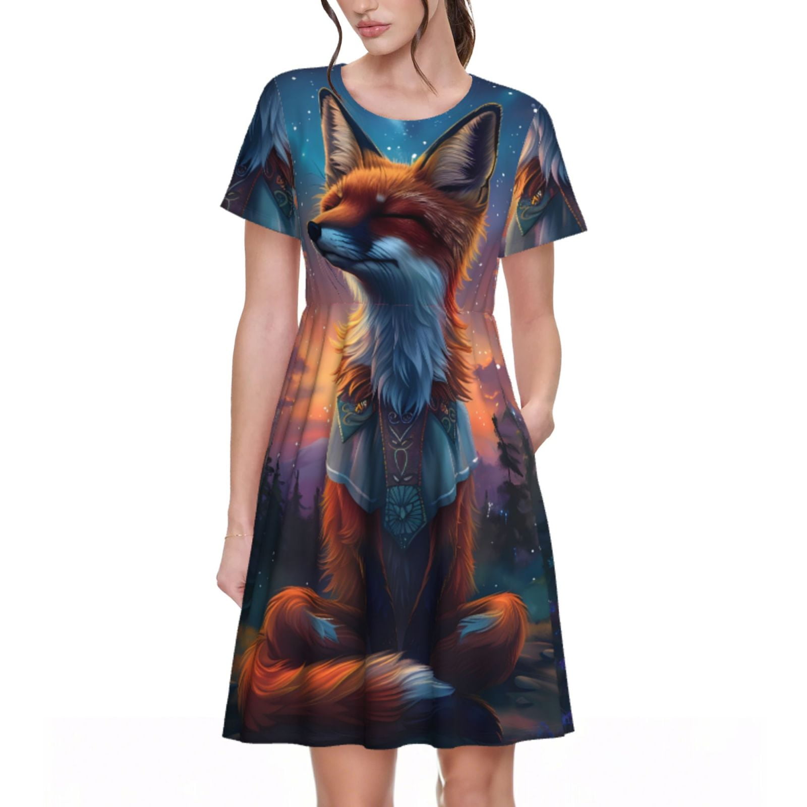 Balery Starry Sky Meditating Fox Pattern Womens Dresses Loose Short ...