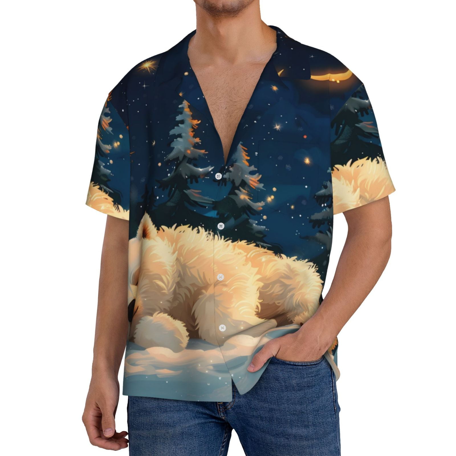 Balery Starry Sky Sleep White Bear Men's Casual Button Down Shirt Short ...