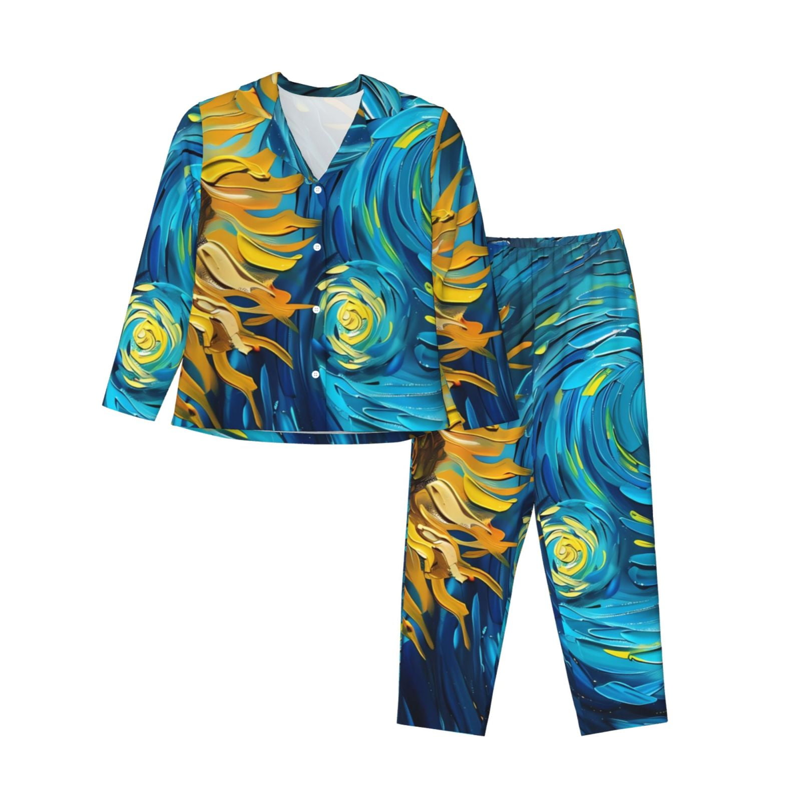 Balery Starry Sunflower Dreamscape Pattern Pajama Sets for Women Long ...
