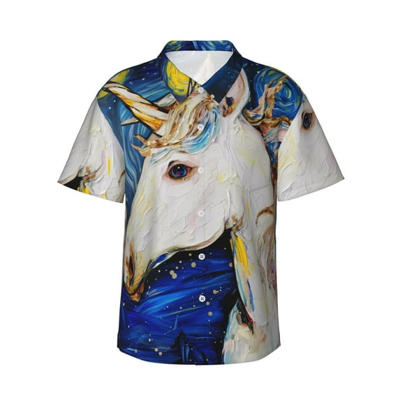 Balery Starry White Horse Print Men's Hawaiian Shirts Short Sleeve ...