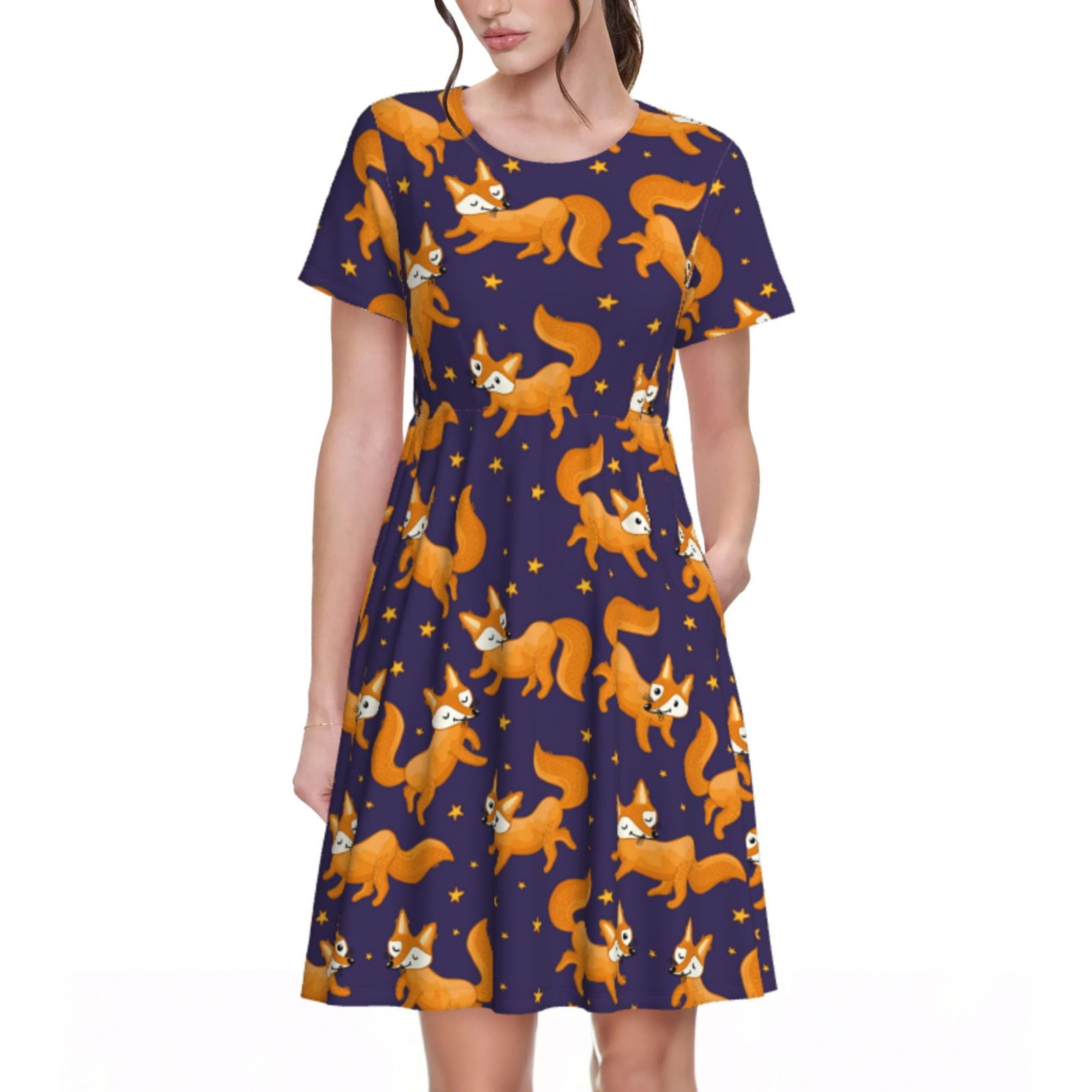 Balery Stars and Fox Cute Pattern Womens Dresses Loose Short sleeve ...