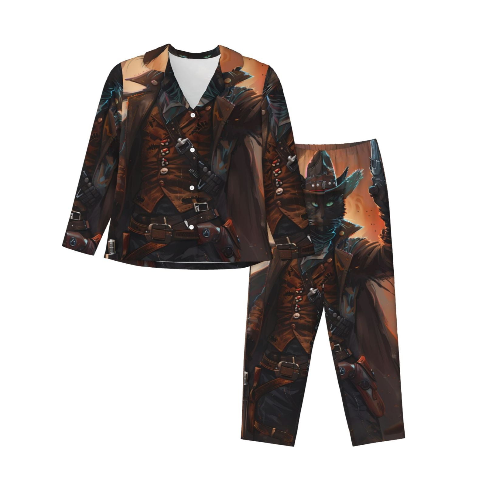 Balery Steampunk Cowboy Cat Pattern Pajama Sets for Women Long Sleeve 2 ...