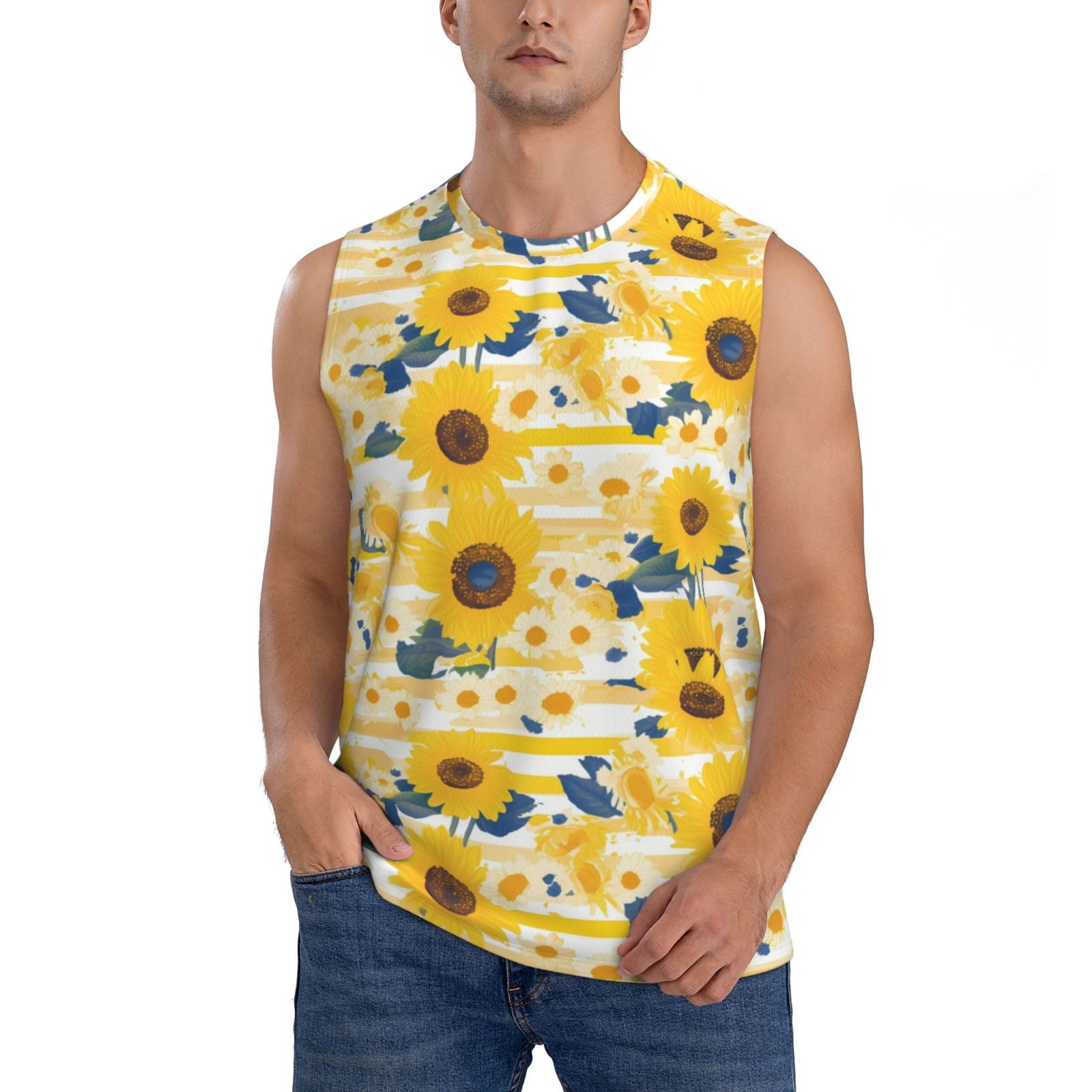 Balery Striped Sunflower Daisy Men's Sleeveless Muscle Shirts Workout ...