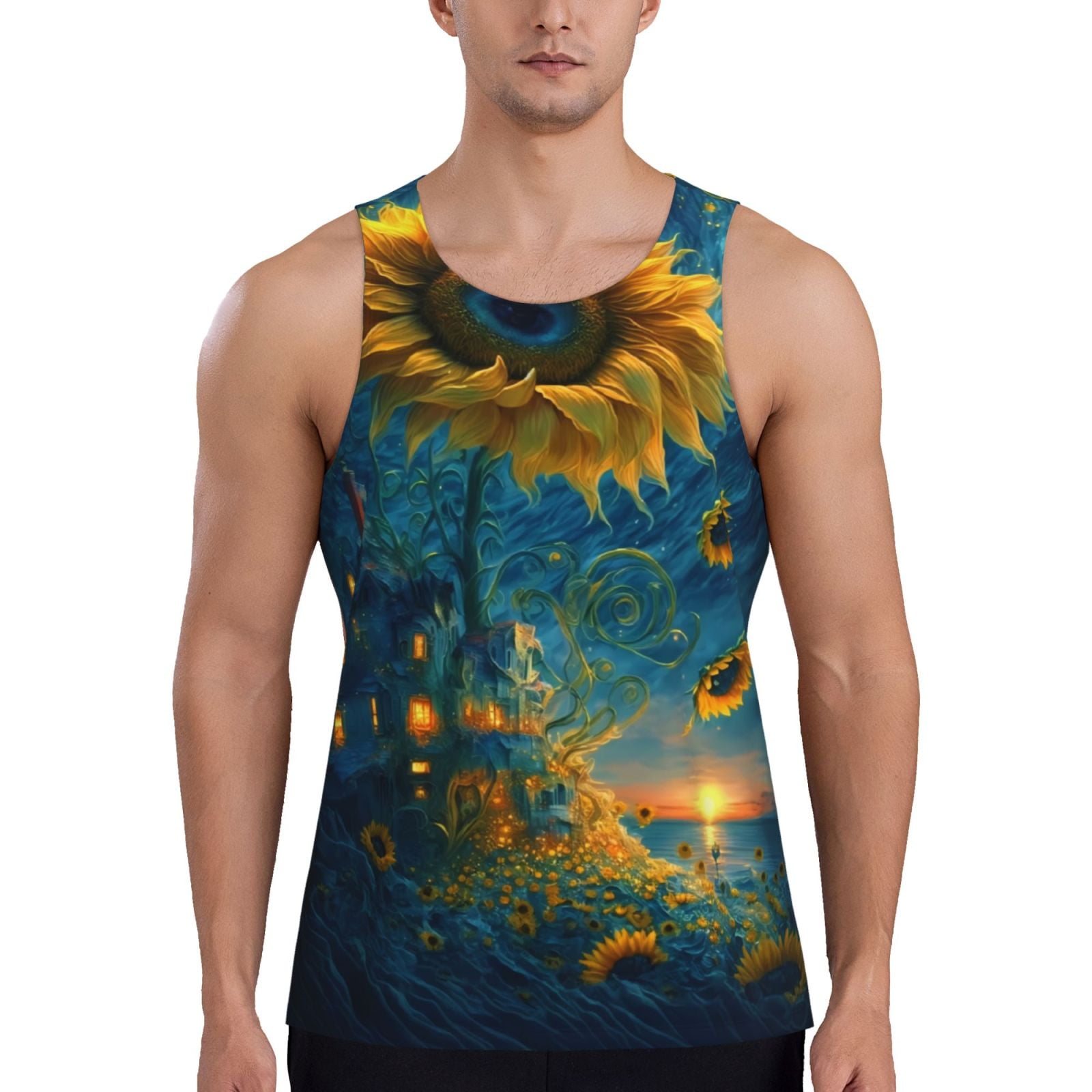 Balery Sunflower Castle Starry Sky Pattern Men's Workout Tank Top Gym ...