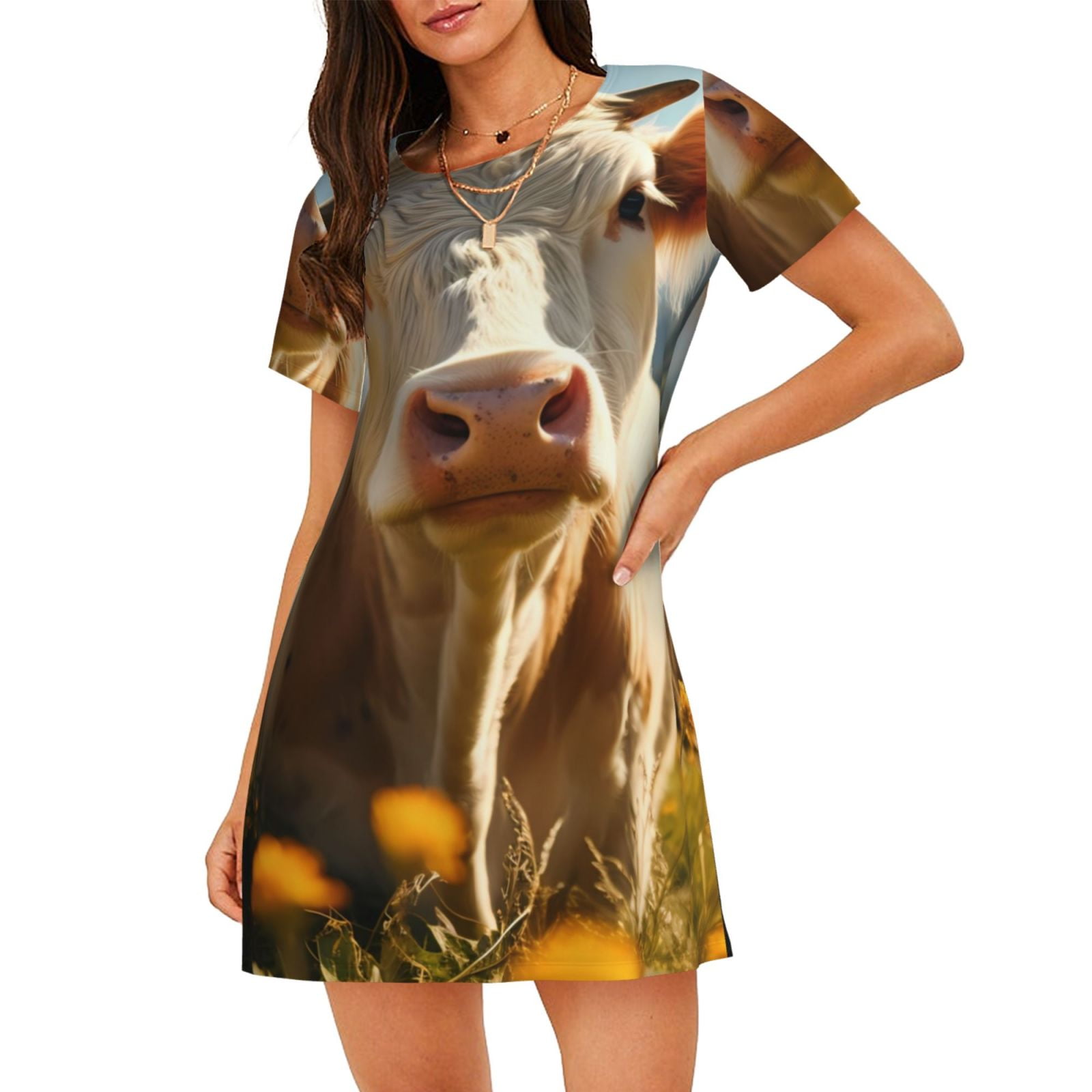 Balery Sunflower Cow Pasture Pattern Womens Short Sleeve Sleepshirt ...