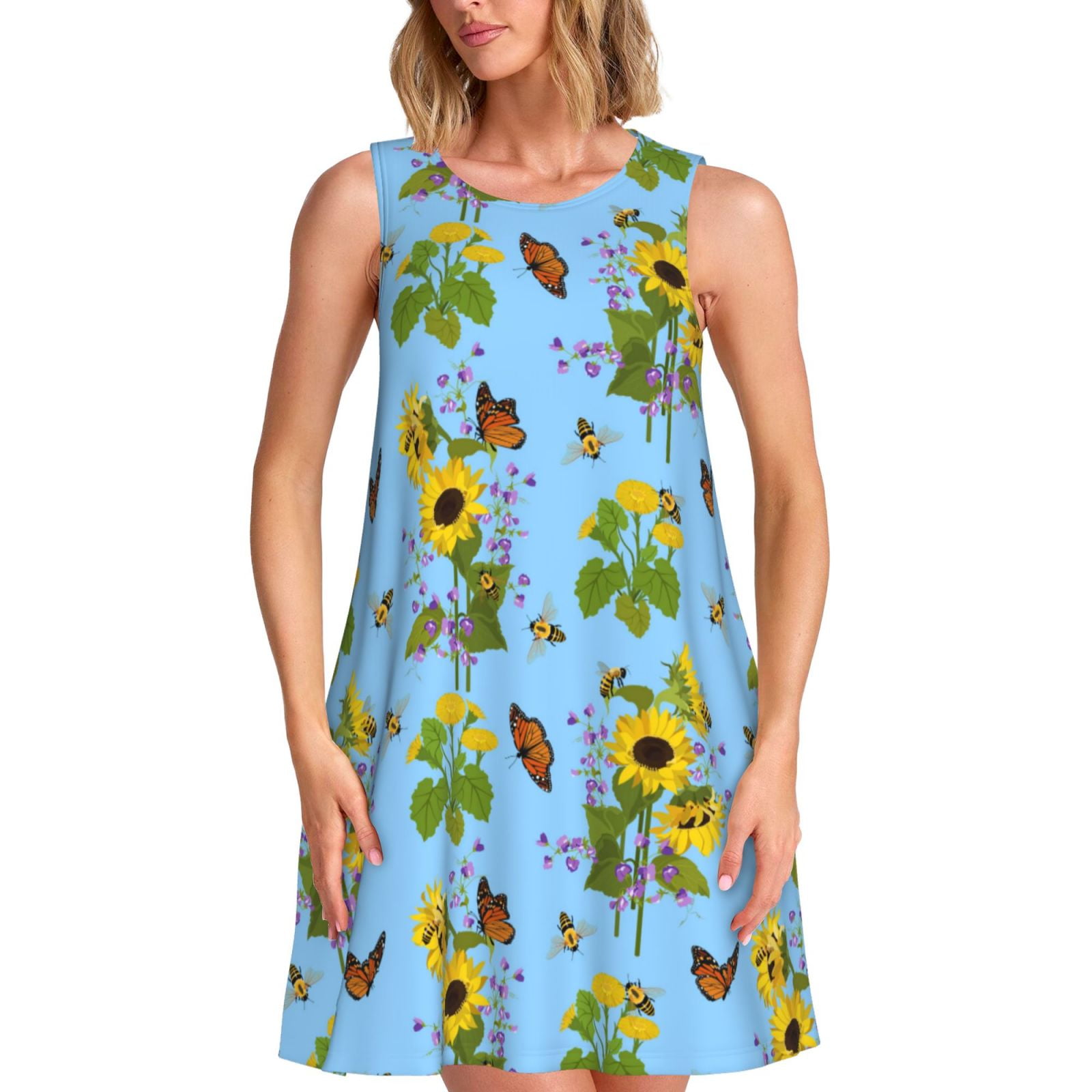 Balery Sunflowers And Bees Pattern Women’s Summer Dresses – Loose ...
