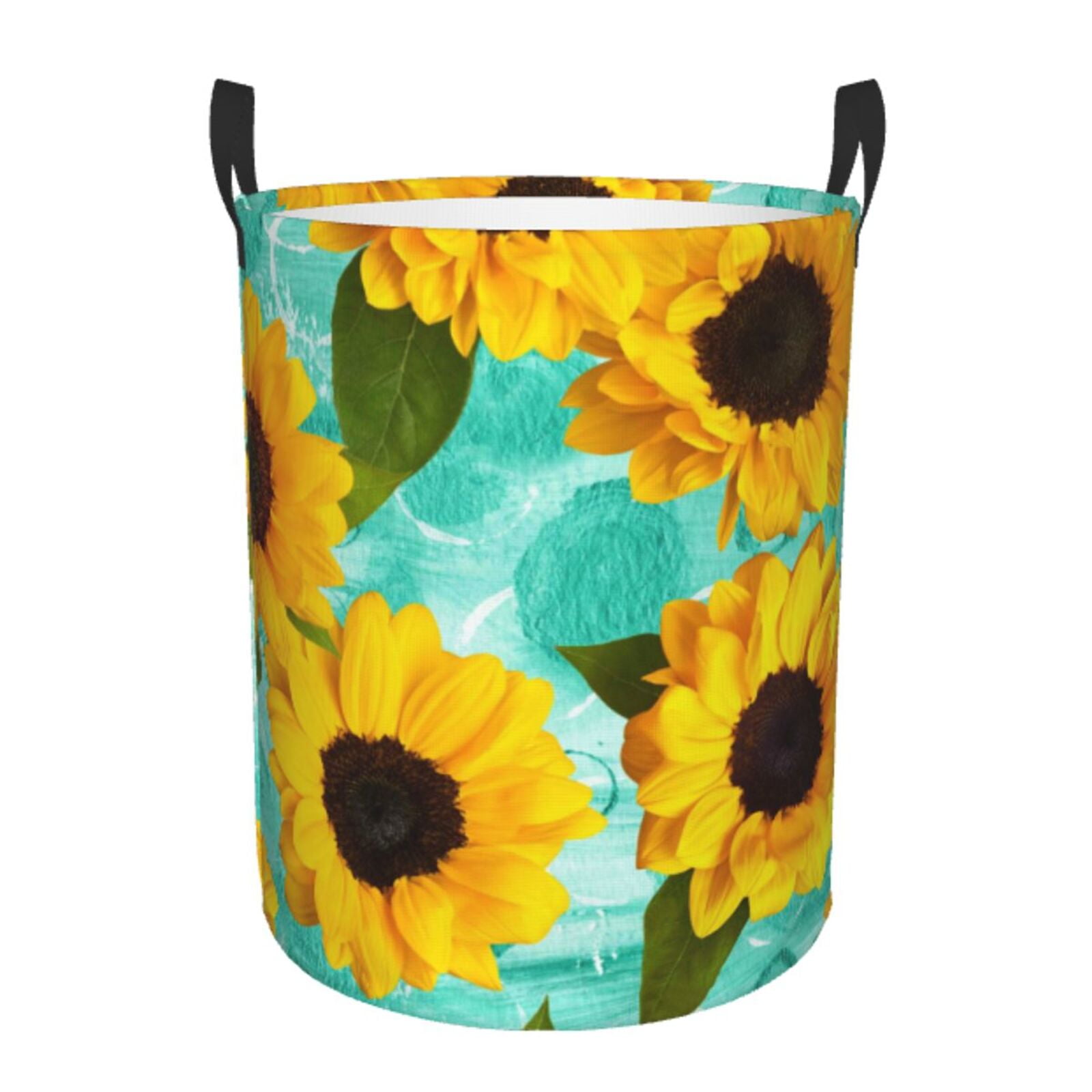 Balery Sunflowers With Green Leaves Round Laundry Basket with Handles ...