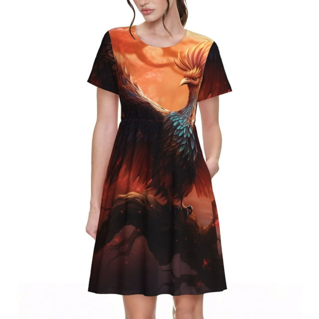 Balery Sunset Blossoms Phoenix Perch Pattern Womens Dresses Loose Short ...