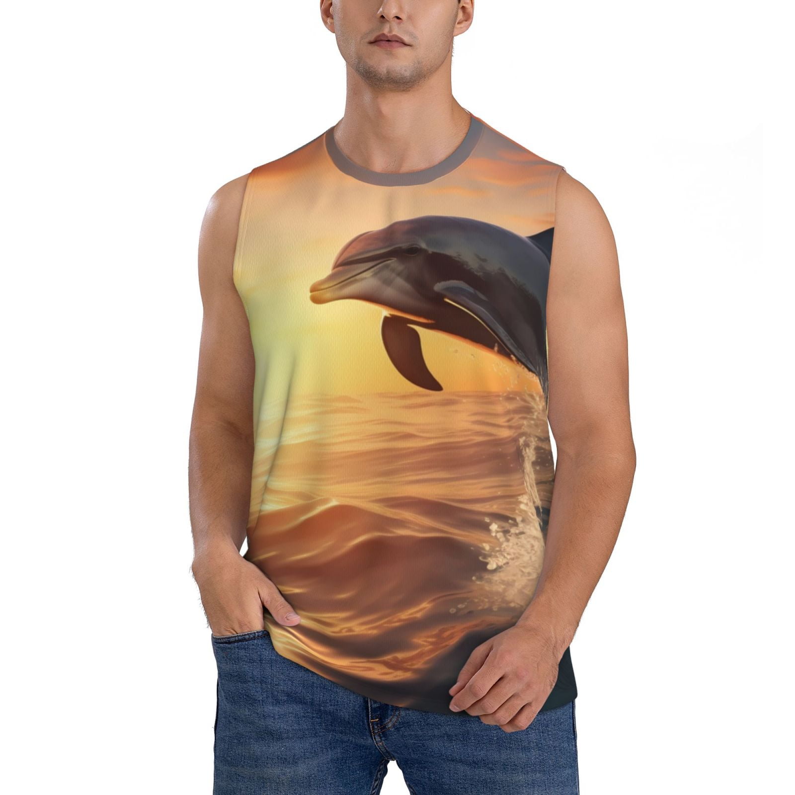 Balery Sunset Dancing Dolphin A Men's Sleeveless Muscle Shirts Workout ...