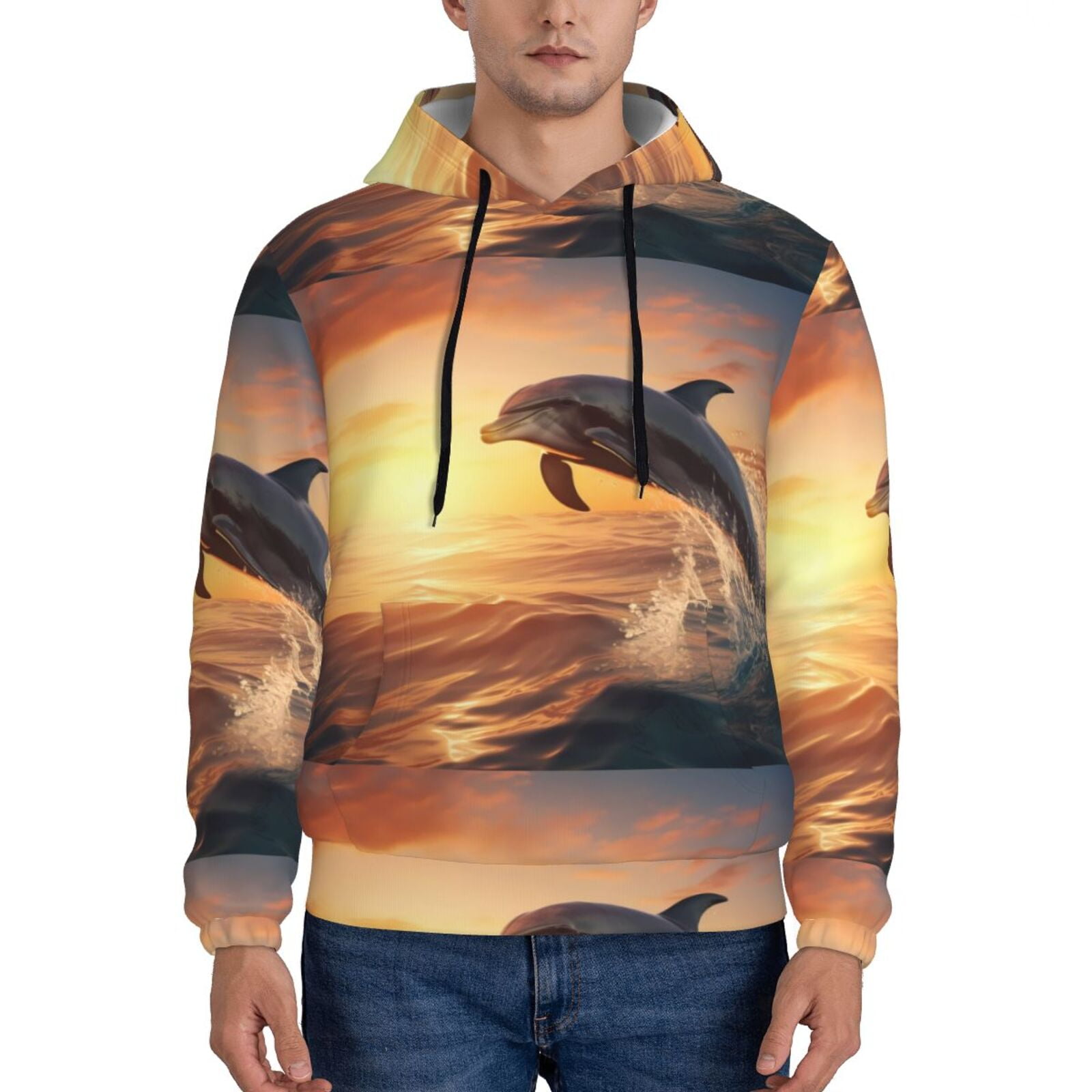 Balery Sunset Dancing Dolphin A Pattern Mens Hoodie Kangaroo Pocket ...
