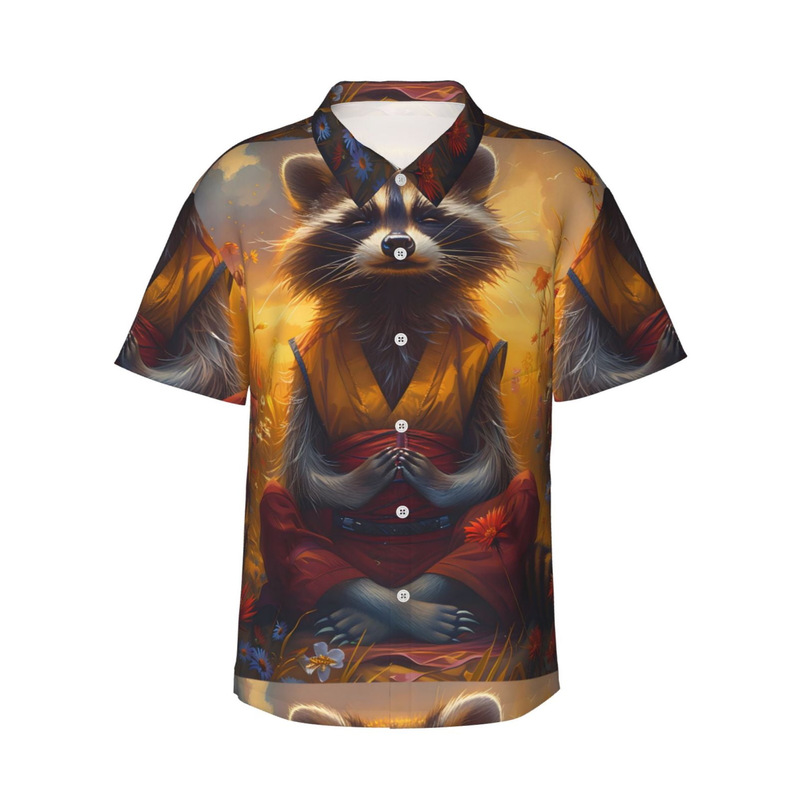 Balery Sunset Flower Meditating Raccoon Print Men's Hawaiian Shirts ...