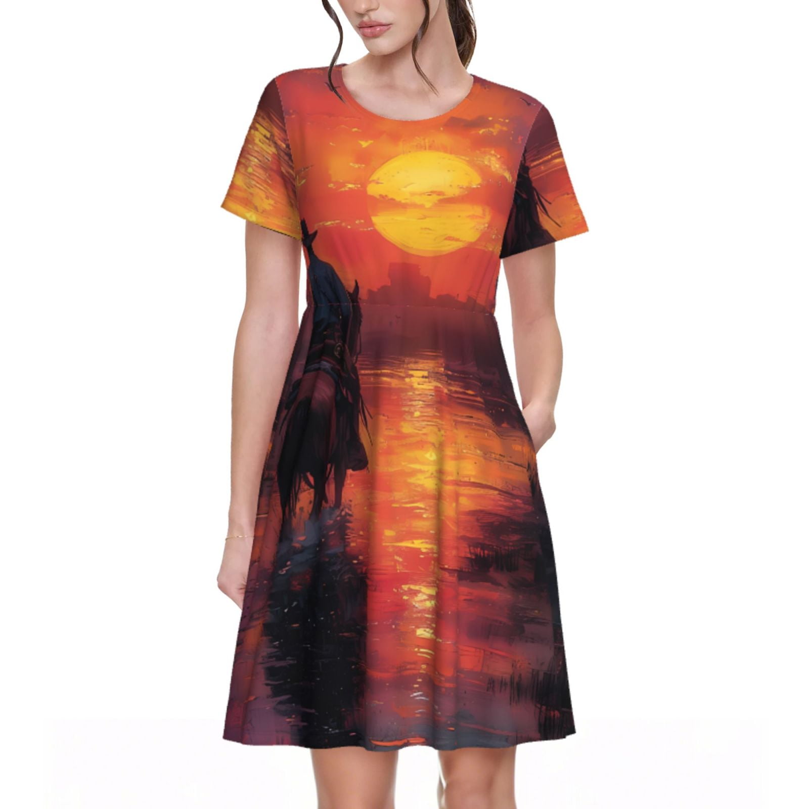 Balery Sunset River Western Cowboy Pattern Womens Dresses Loose Short ...