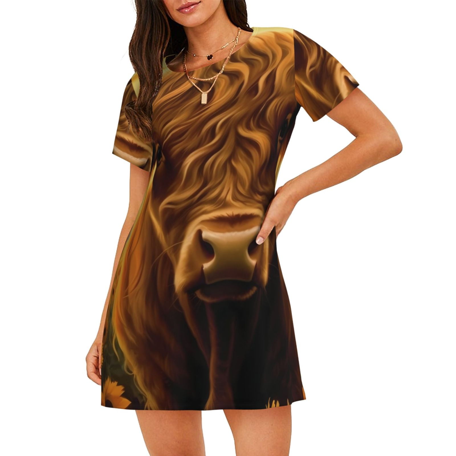 Balery Sunset Sunflower Cow A Pattern Womens Short Sleeve Sleepshirt ...