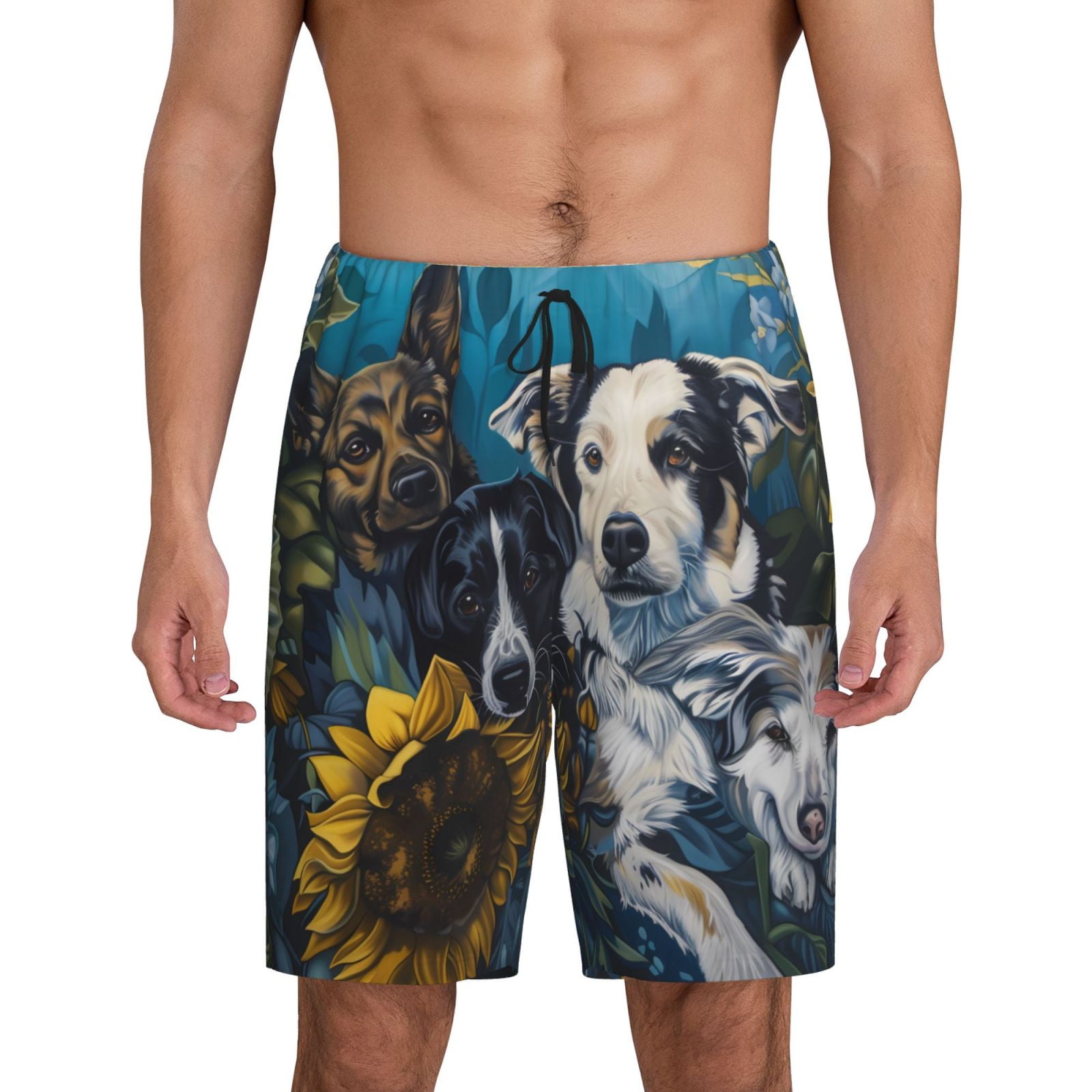 Balery Sunset Sunflower Dog Men's Cotton Knit Pajama Shorts Waistband ...