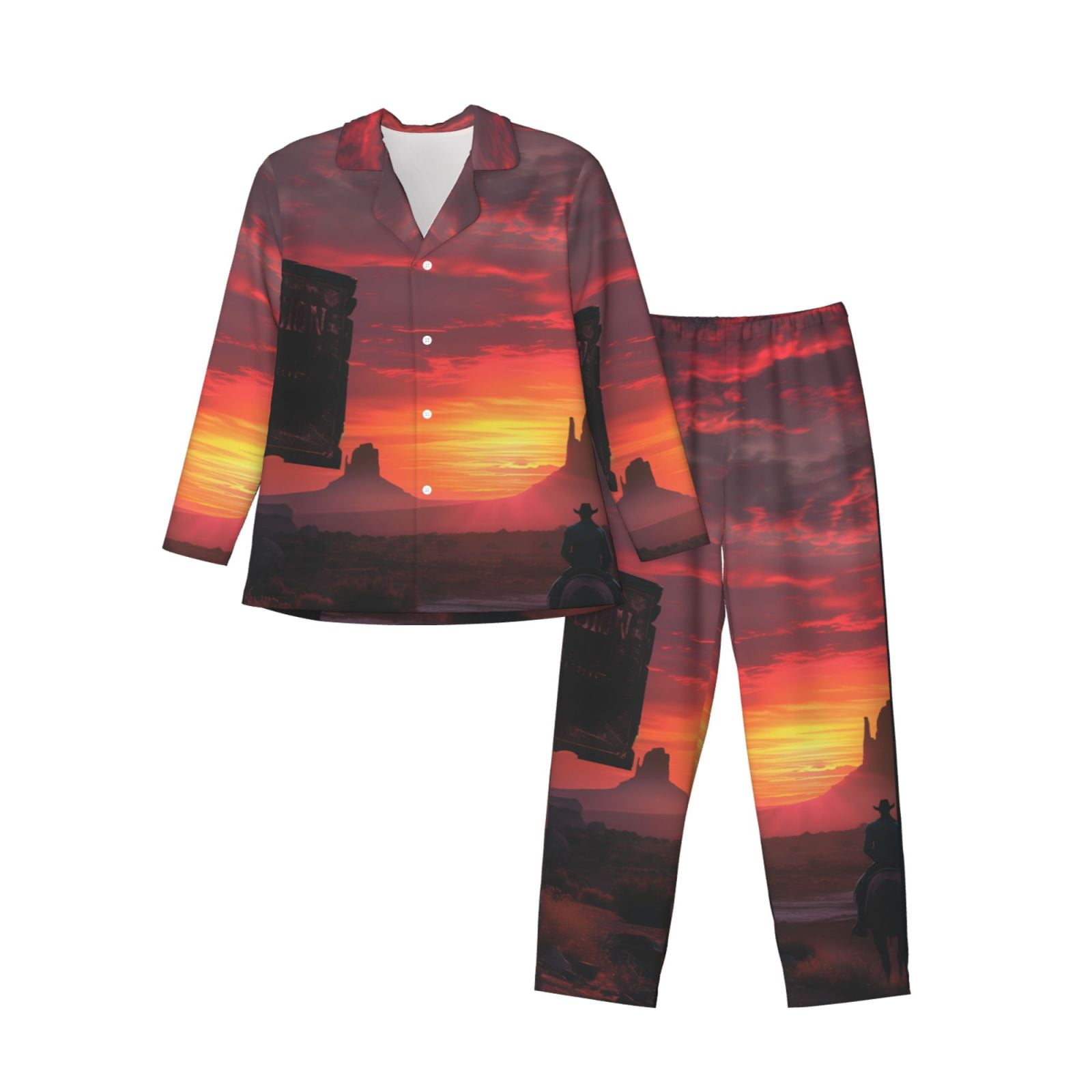 Balery Sunset Western Desert Cowboy Pattern Pajama Sets for Men Long ...