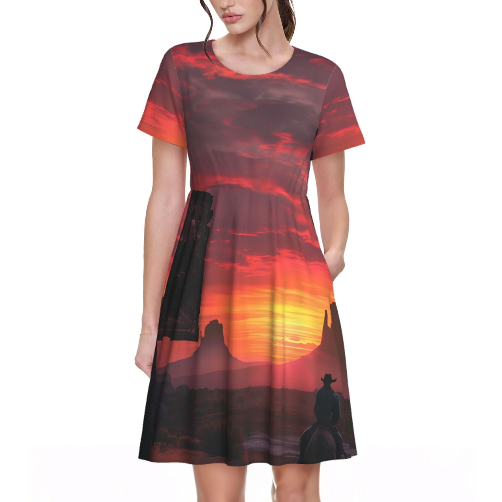 Balery Sunset Western Desert Cowboy Pattern Womens Dresses Loose Short ...