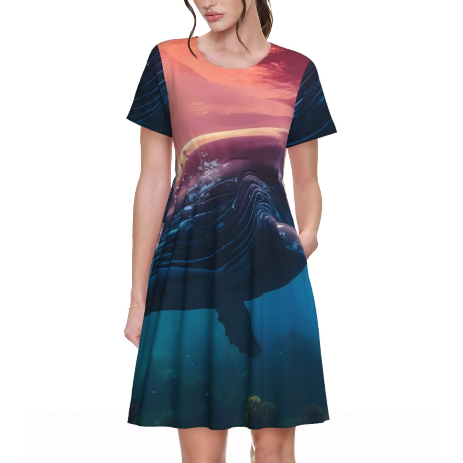 Balery Sunshine Ocean Whale Pattern Womens Dresses Loose Short sleeve ...
