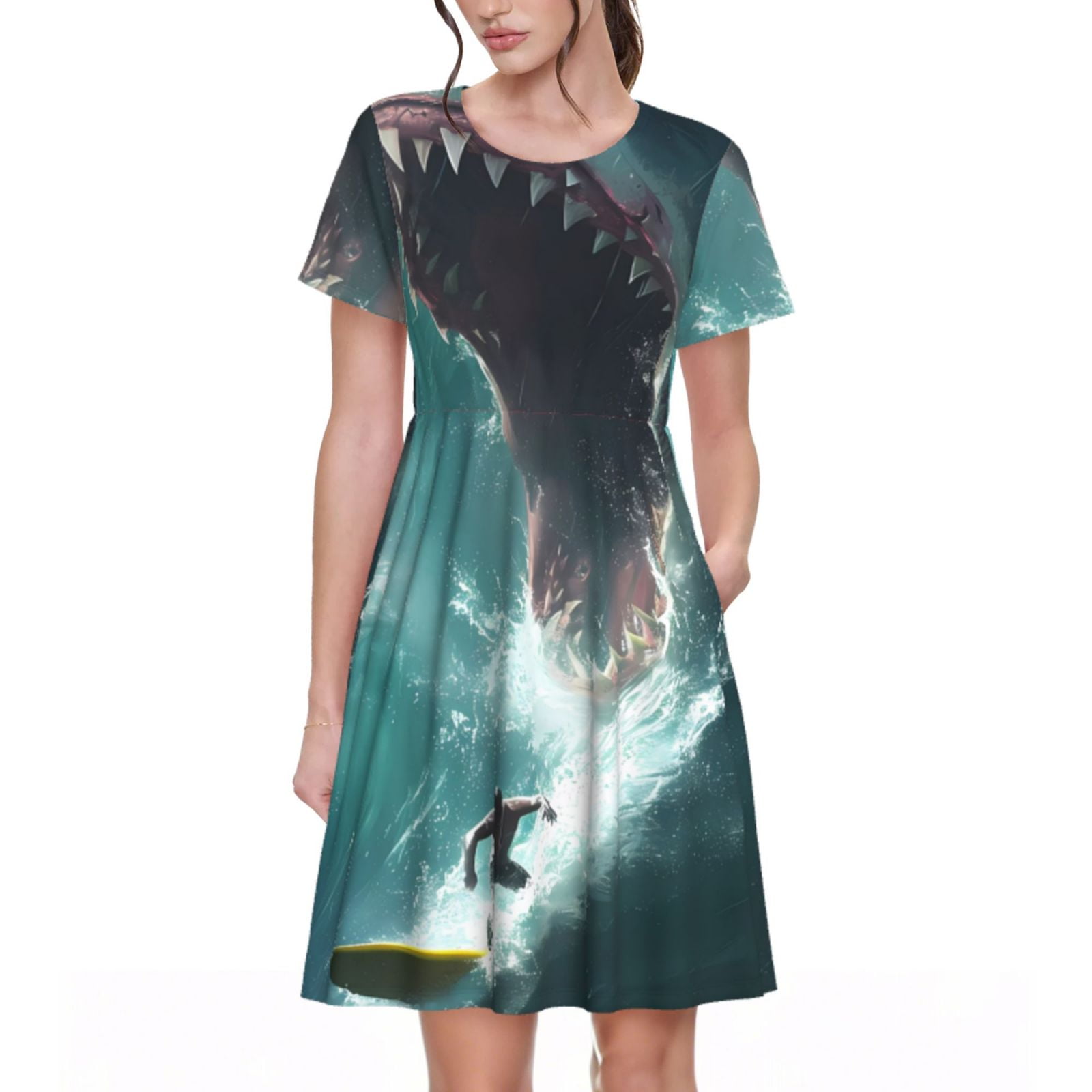 Balery Surfing Shark Pattern Womens Dresses Loose Short sleeve ...