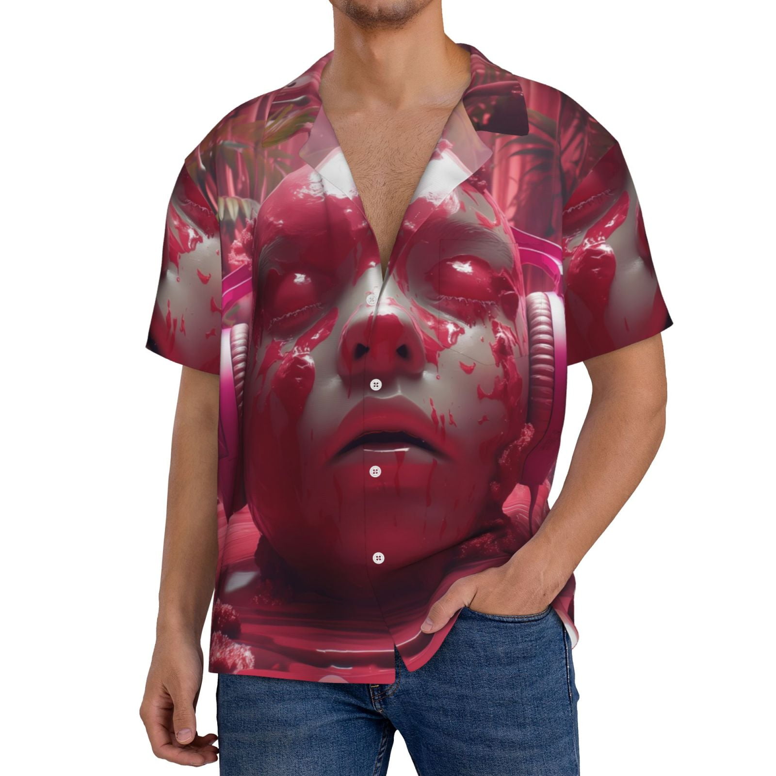 Balery Surreal Pink Headphones Men's Casual Button Down Shirt Short ...
