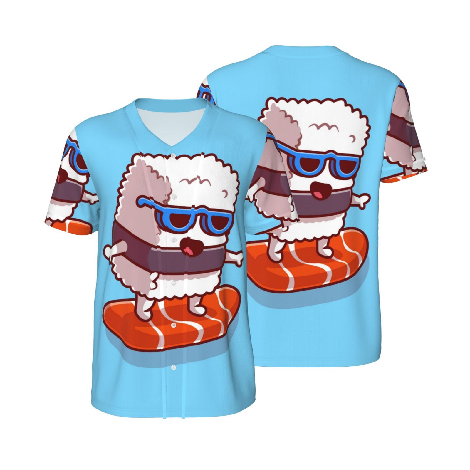 Balery Sushi Salmon Surfing Baseball Jersey for Men Casual Button Down ...