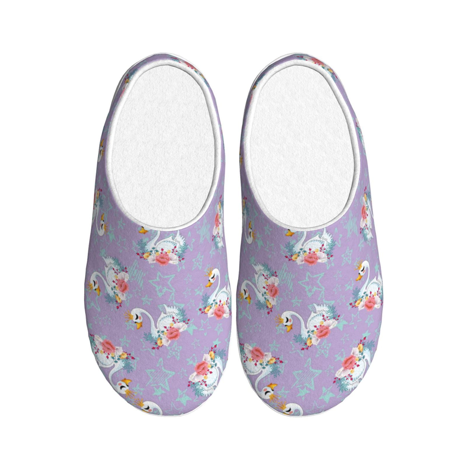 Balery Swan With Stars Pattern Women's Fuzzy Memory Foam Slippers ...