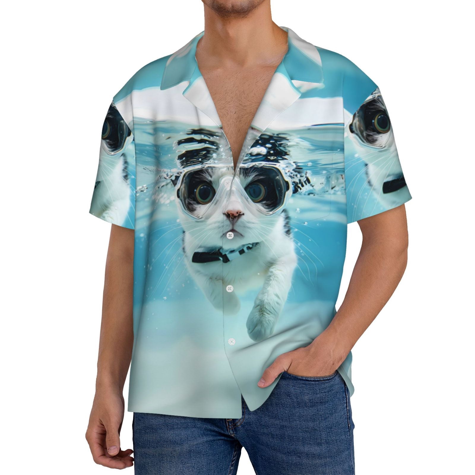 Balery Swimming Cat Goggles Men's Casual Button Down Shirt Short Sleeve ...