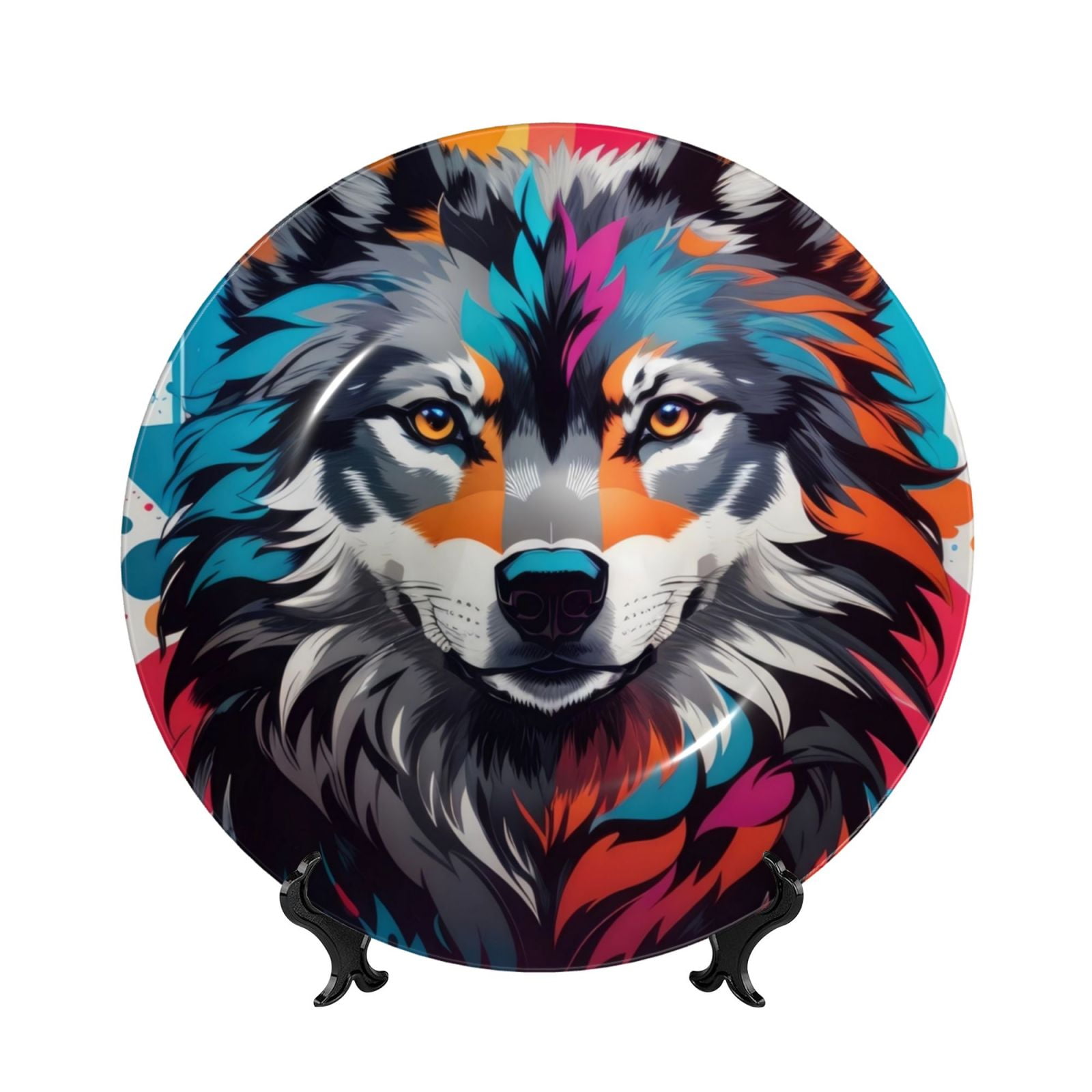 Balery Tie-Dye Wolf Head Print Bone China Decorative Plate Ceramic ...