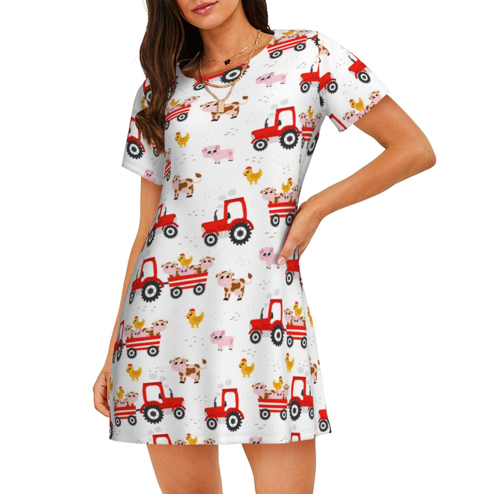 Balery Tractor With Farm Animals Pattern Womens Short Sleeve Sleepshirt ...