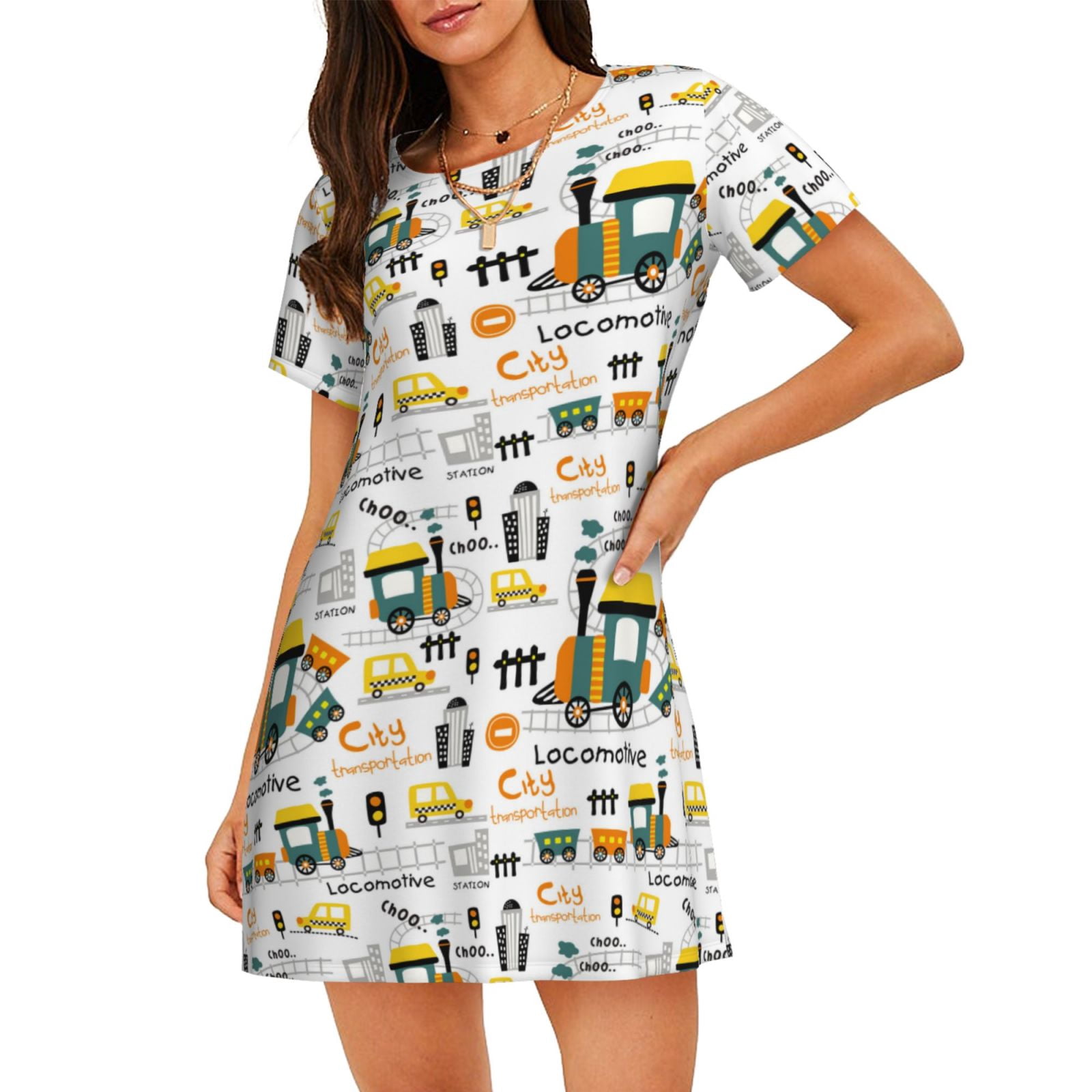 Balery Transportation Cartoon Pattern Womens Short Sleeve Sleepshirt ...