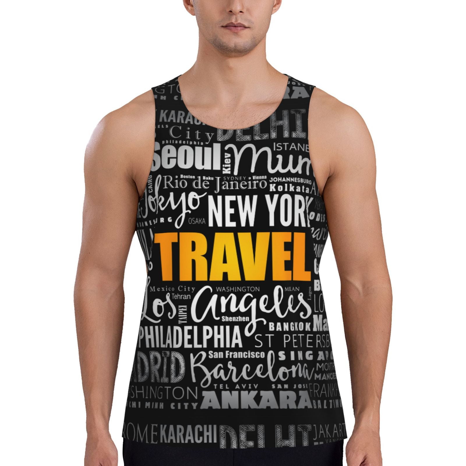 Balery Travel Pattern Men's Workout Tank Top Gym Muscle Tee Fitness ...