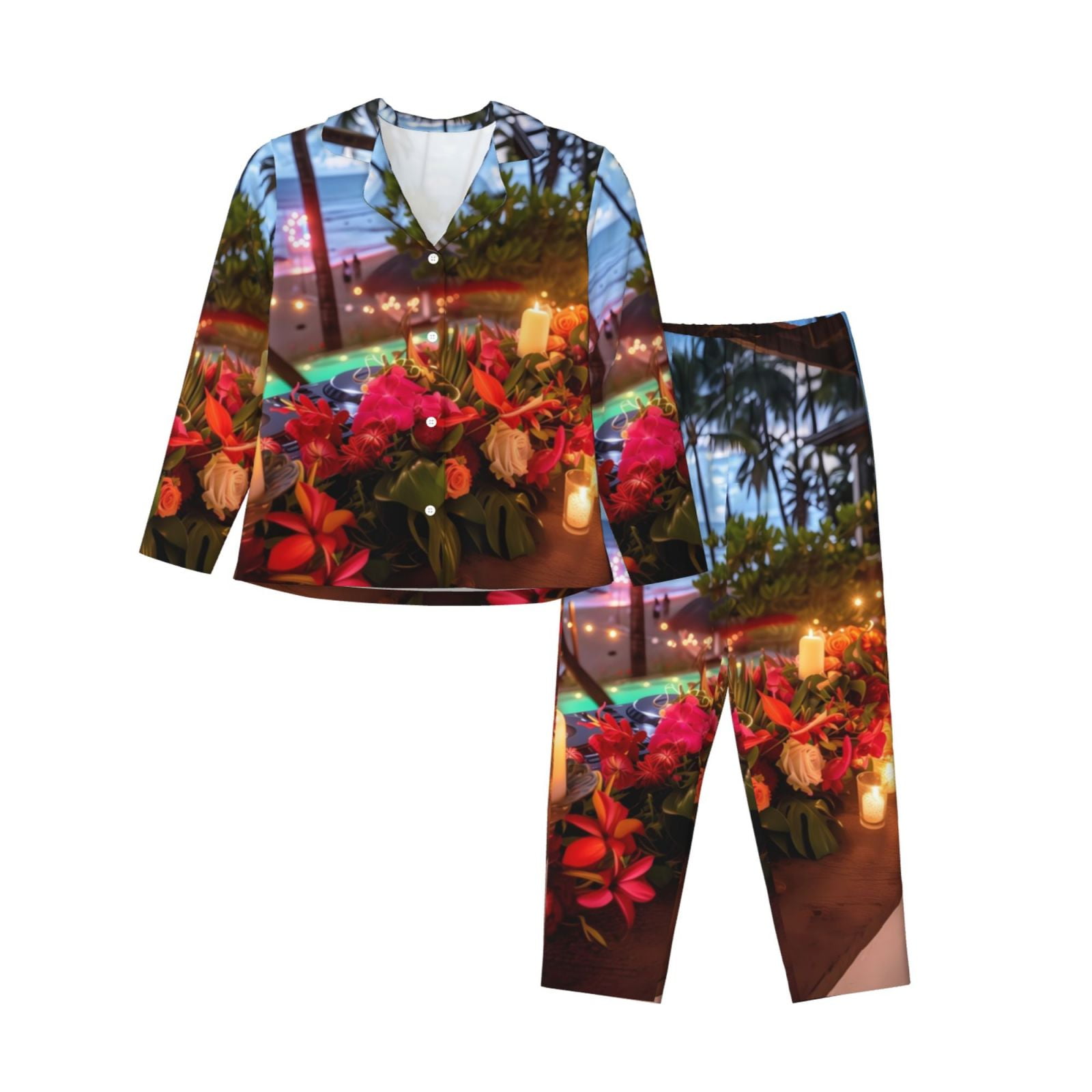 Balery Tropical Beach Candlelight Pattern Pajama Sets for Women Long ...