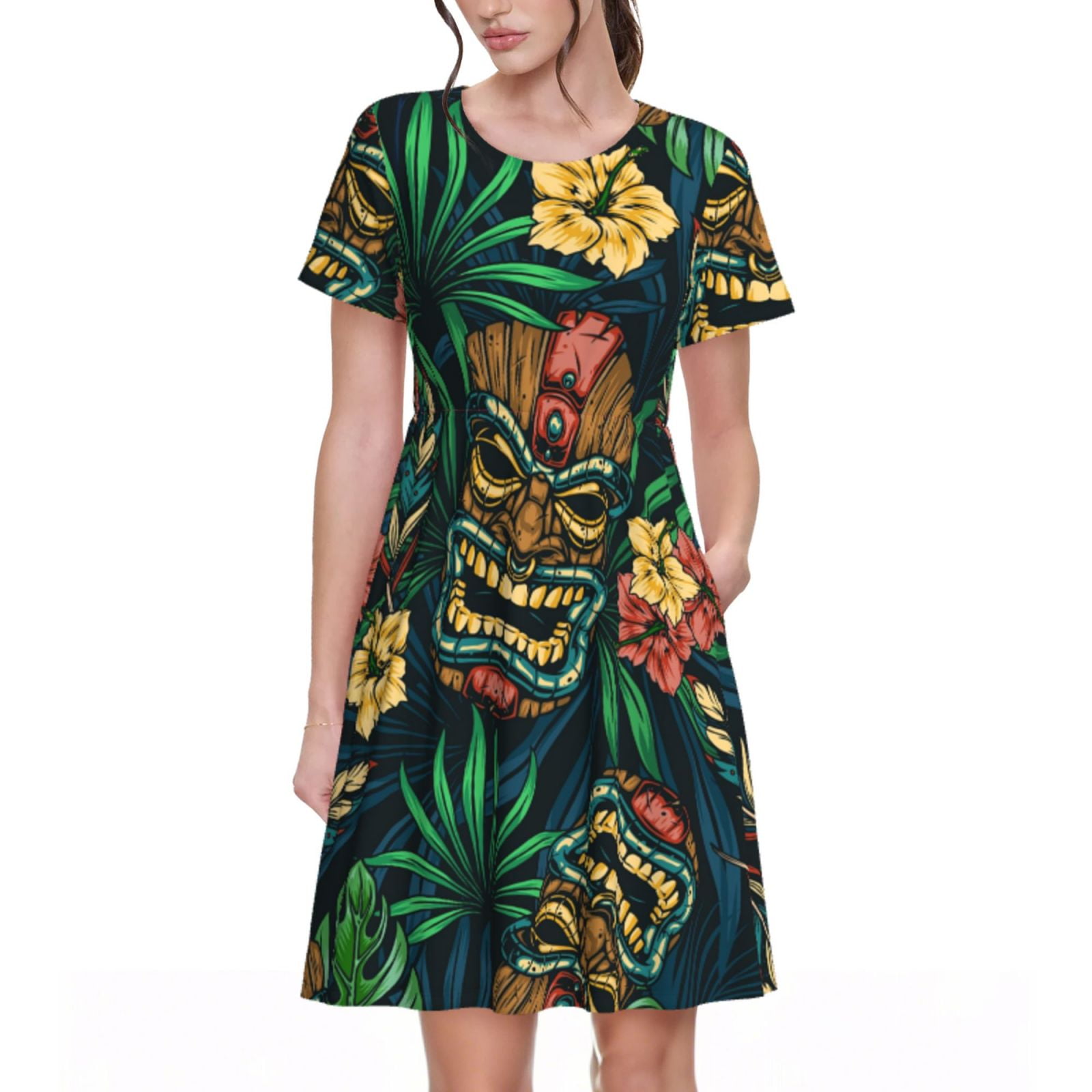 Balery Tropical Tribe Mask Pattern Womens Dresses Loose Short sleeve ...