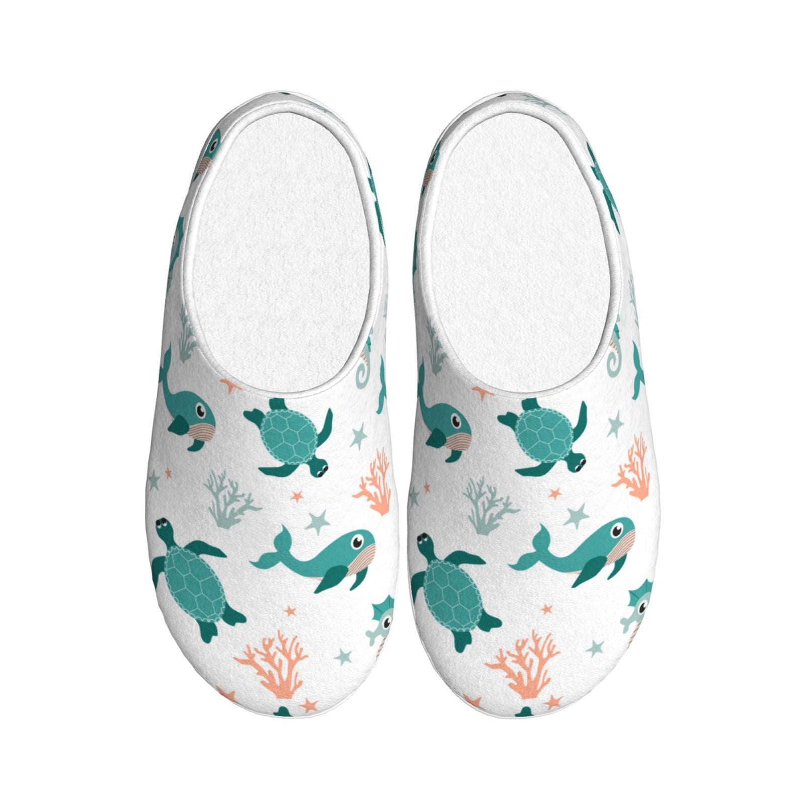 Balery Turtles And Seahorses Pattern Women's Fuzzy Memory Foam Slippers ...