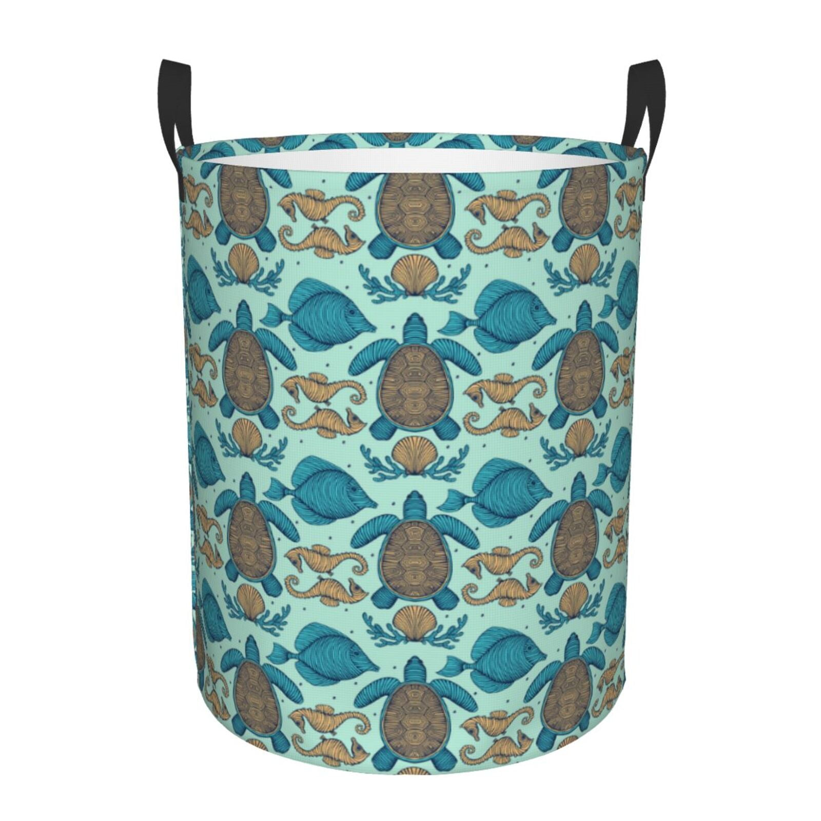 Balery Turtles And Seahorses Round Laundry Basket with Handles ...