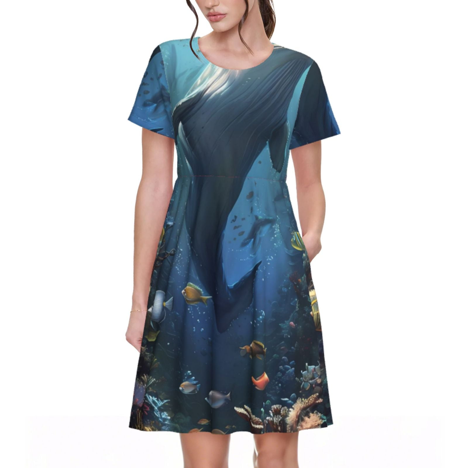 Balery Underwater Dolphin Pattern Womens Dresses Loose Short sleeve ...