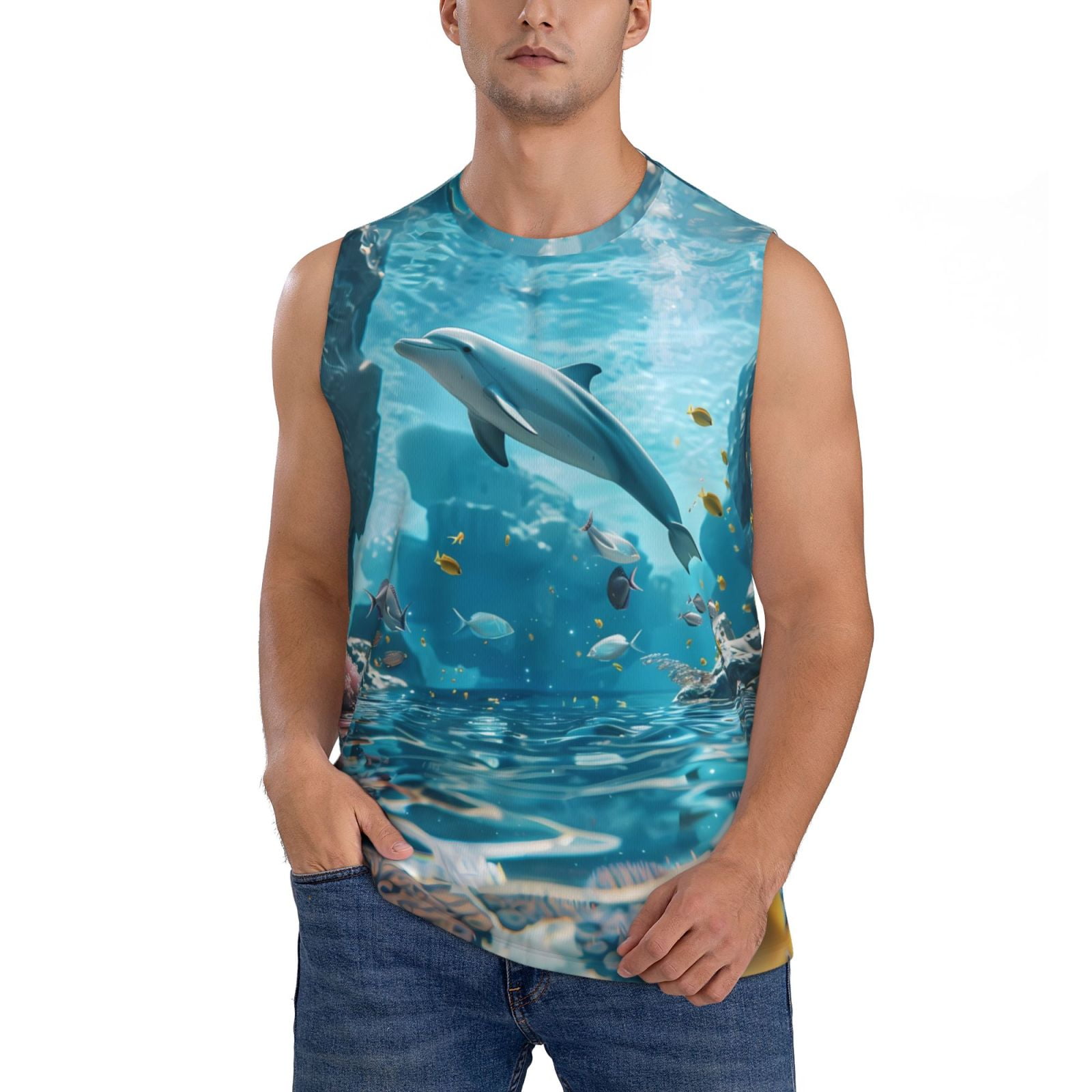 Balery Underwater Dolphin Scene Men's Sleeveless Muscle Shirts Workout ...