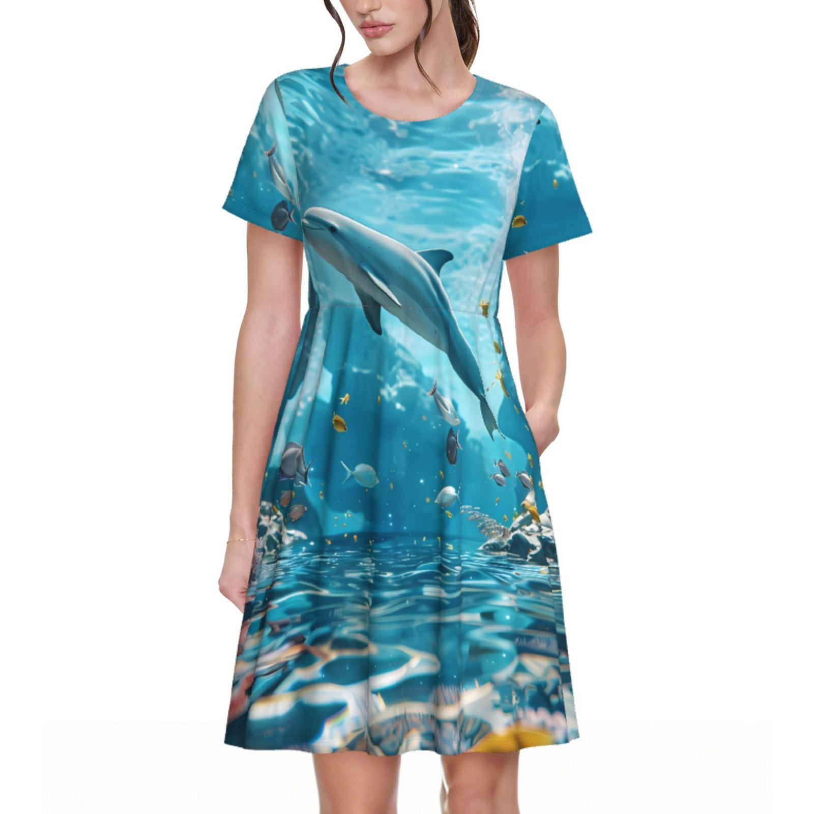 Balery Underwater Dolphin Scene Pattern Womens Dresses Loose Short ...