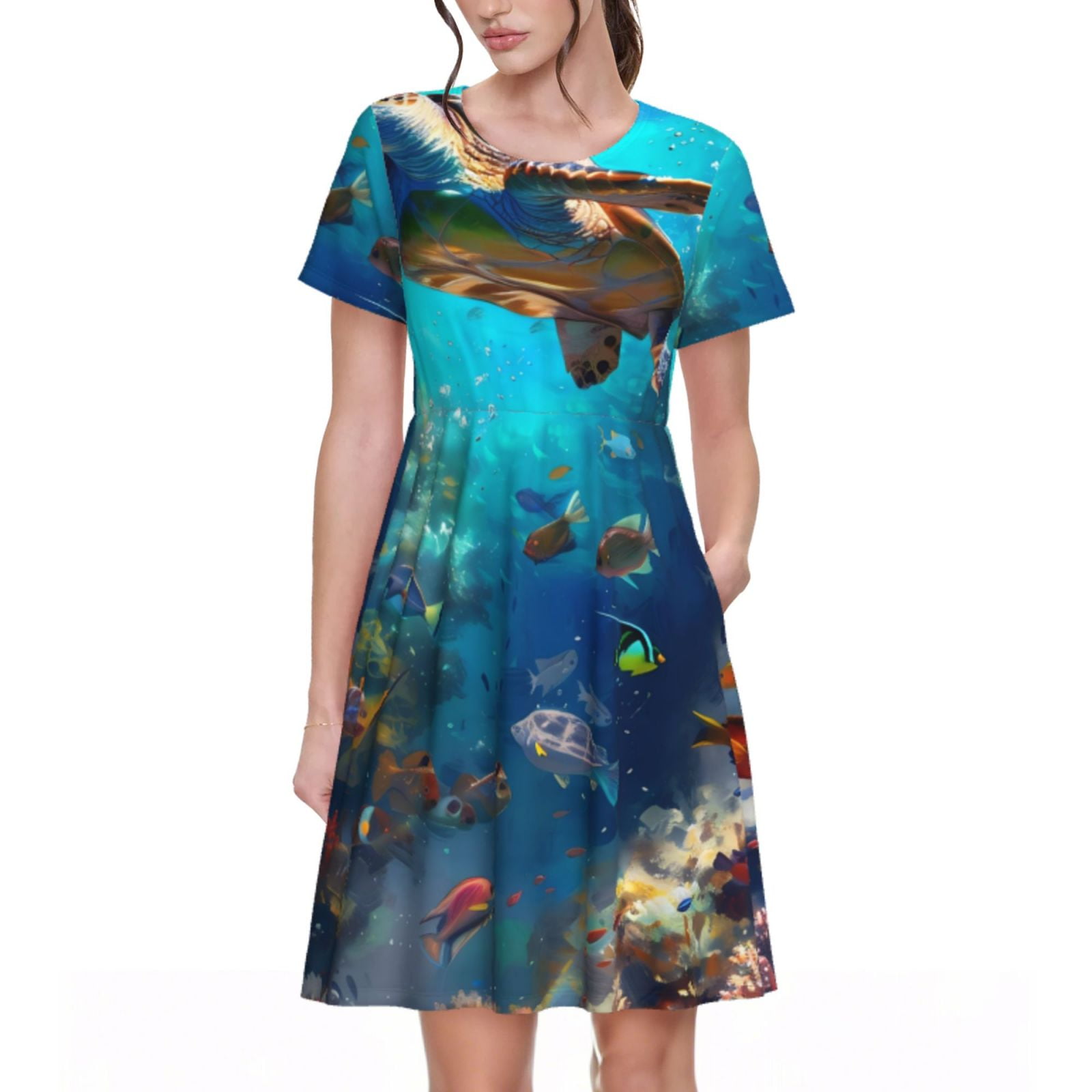 Balery Underwater Fish Turtle Pattern Womens Dresses Loose Short sleeve ...