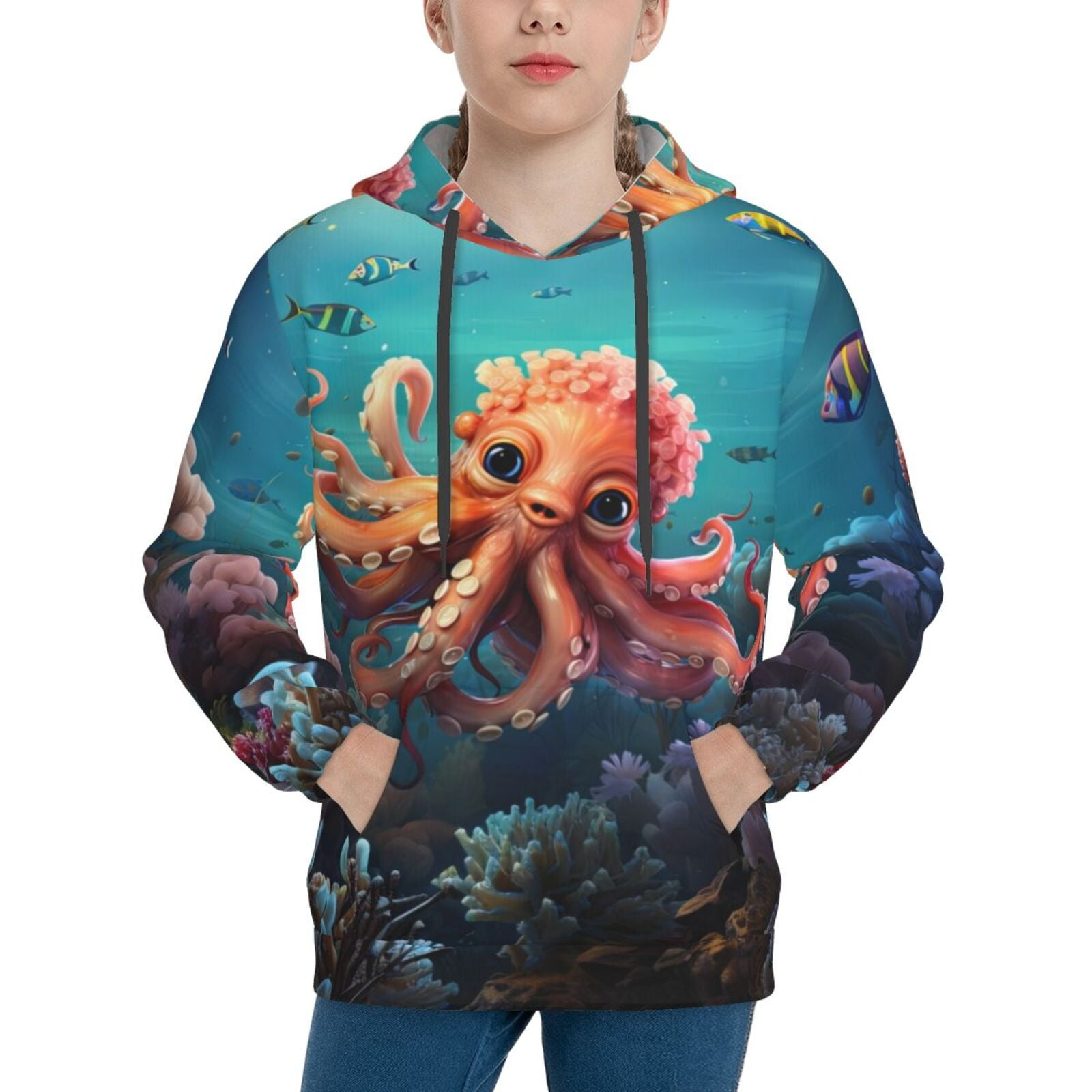 Balery Underwater Plant Octopus Pattern Boys Hoodie, Youth Pullover ...