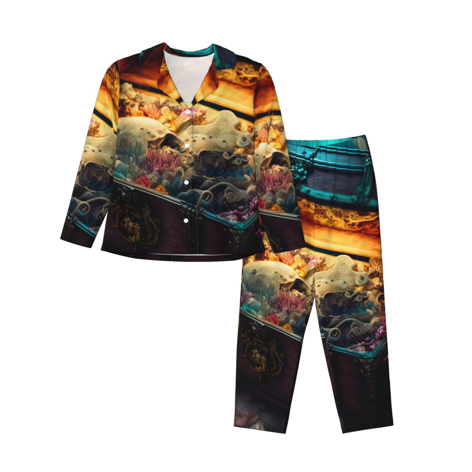 Balery Underwater Treasure Chest Pattern Pajama Sets for Women Long ...