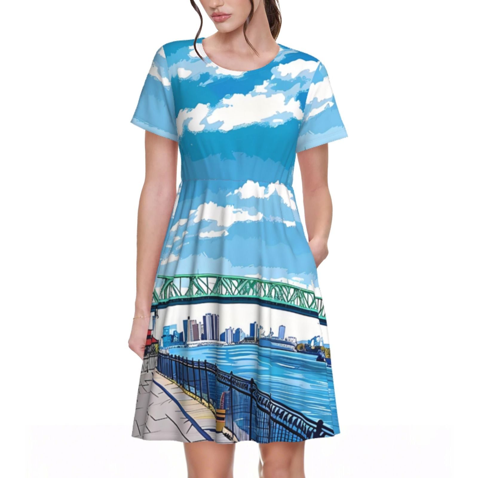 Balery Urban Riverside Clock Tower Pattern Womens Dresses Loose Short ...