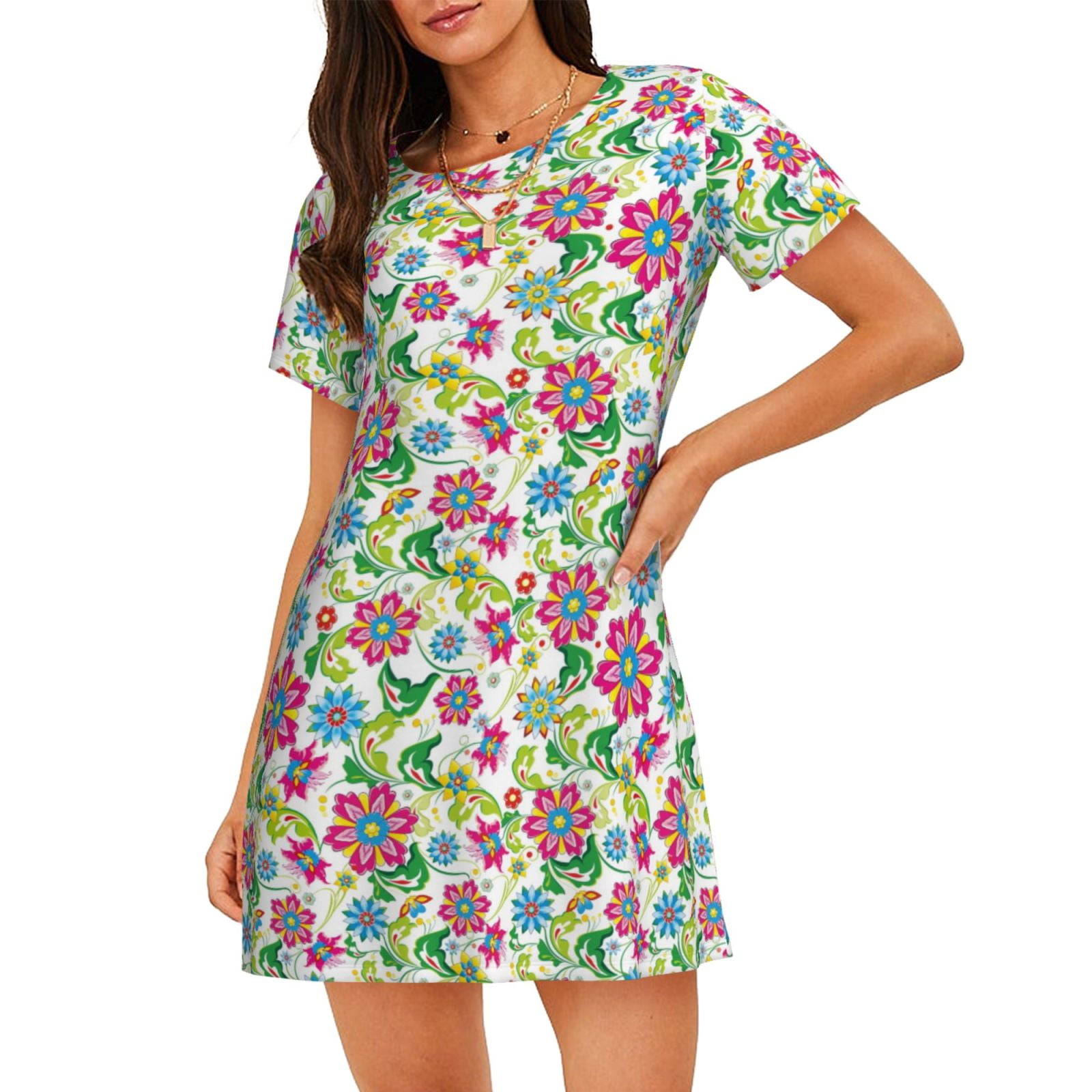 Balery Vector Mexican Otomi Style Bright Pattern Womens Short Sleeve Sleepshirt Scoopneck Cute ...