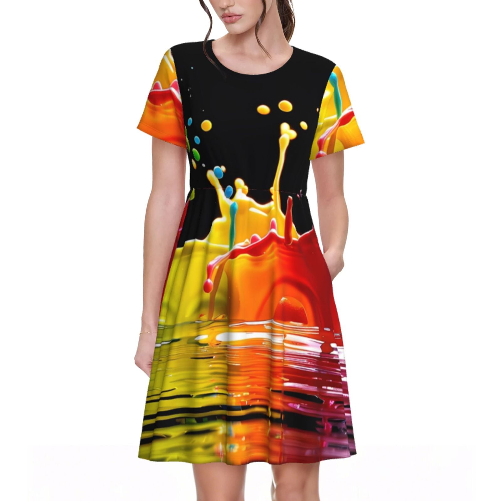 Balery Vibrant Color Splash Pattern Womens Dresses Loose Short sleeve ...