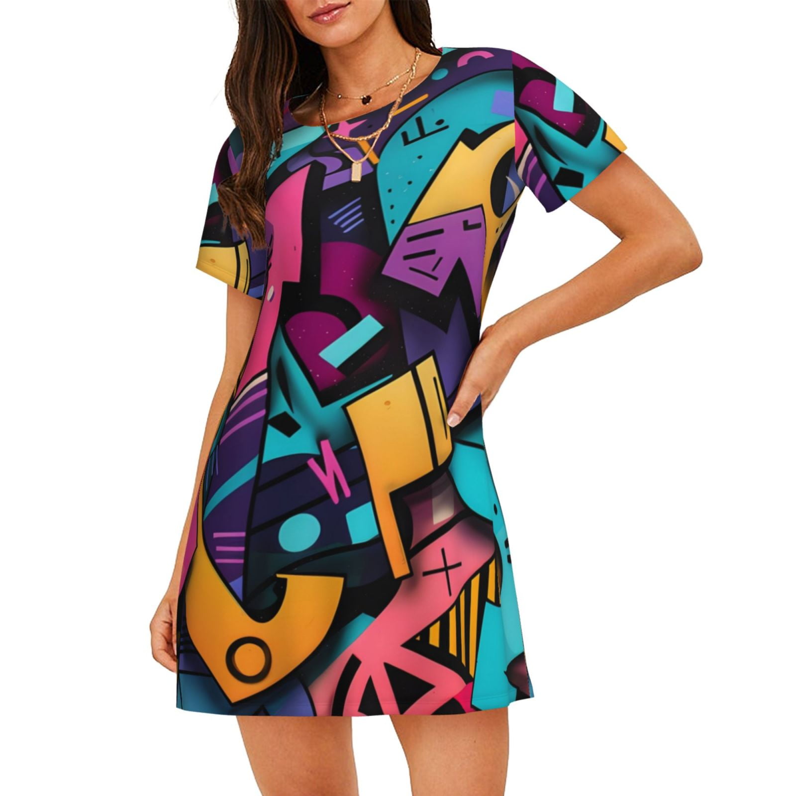 Balery Vibrant Graffiti Urban Art Pattern Womens Short Sleeve ...