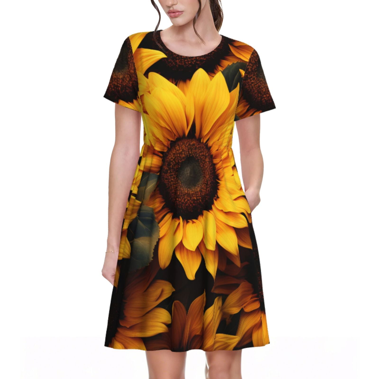 Balery Vibrant Sunflower Blooms Pattern Womens Dresses Loose Short ...